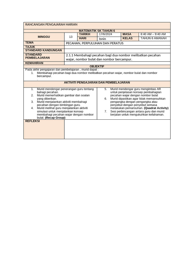Minggu 13 A Matematik SK Tahun 6 2022 by Cikgu Gorgeous | PDF