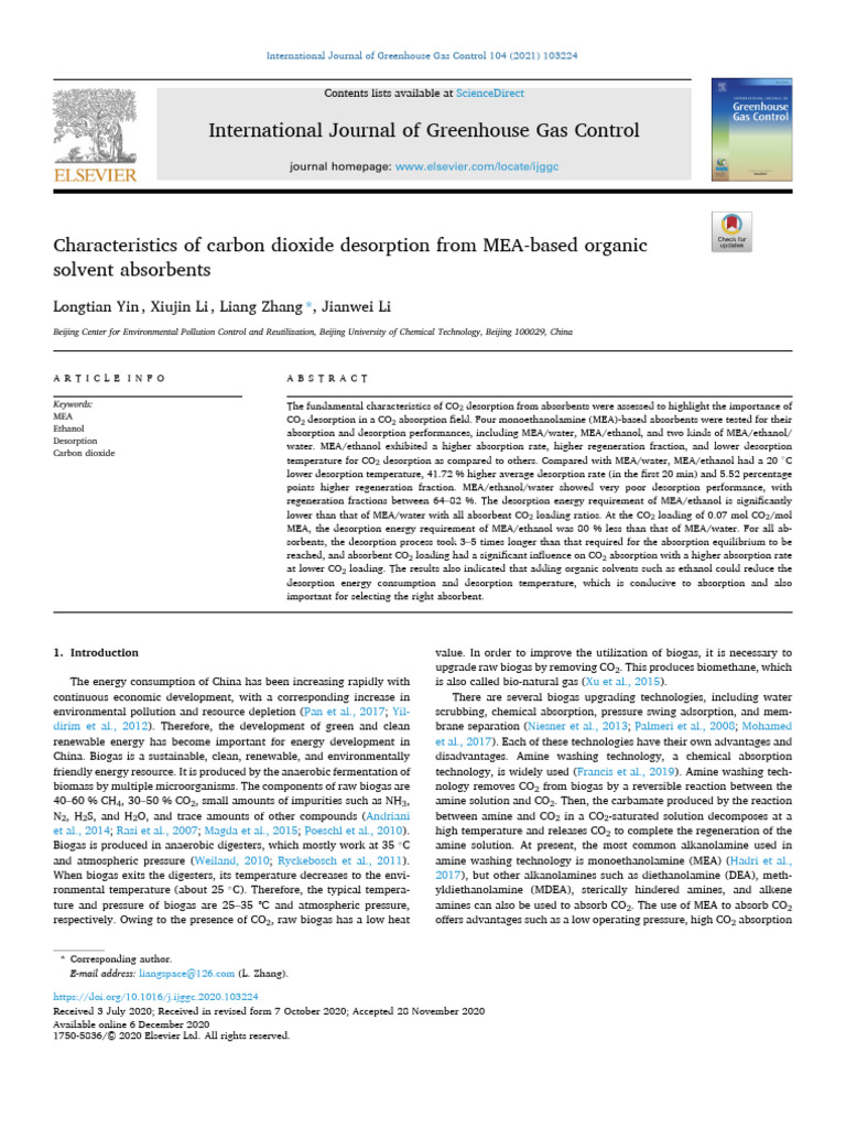 Characteristics of Carbon Dioxide Desorption From MEA-based Organic ...