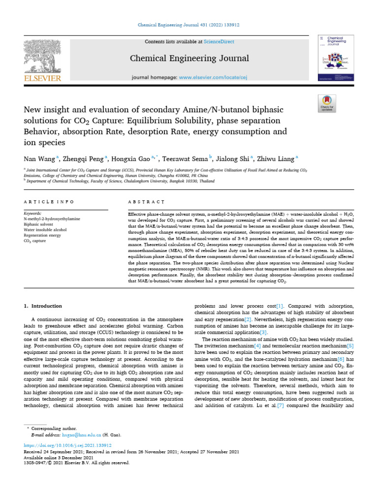 New Insight and Evaluation of Secondary AmineN-butanol Biphasic ...