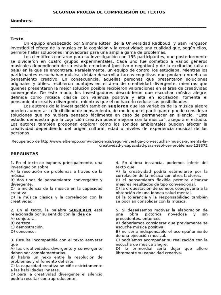 Segunda Prueba de Comprensión de Textos | PDF