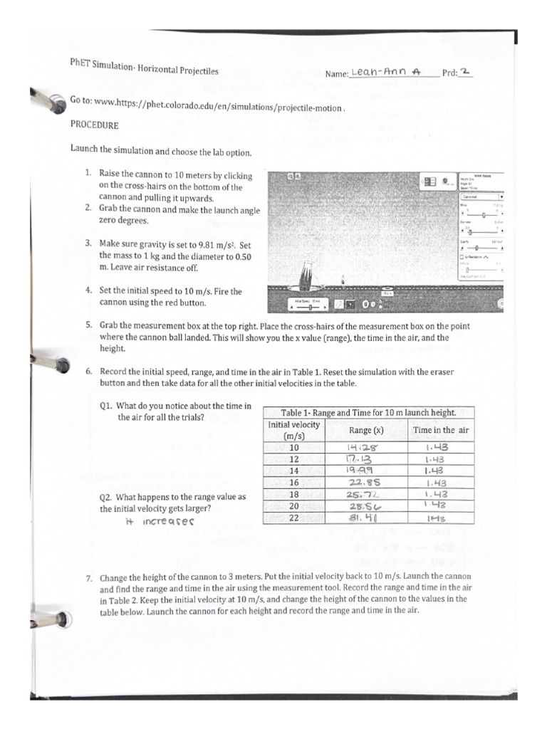 PhET Simulation - Horizontal Projectiles | PDF