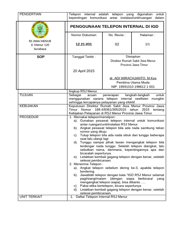 SOP 12.21.031. Penggunaan Telepon Internal IGD - Tanggal 27 Oktober 2015 | PDF