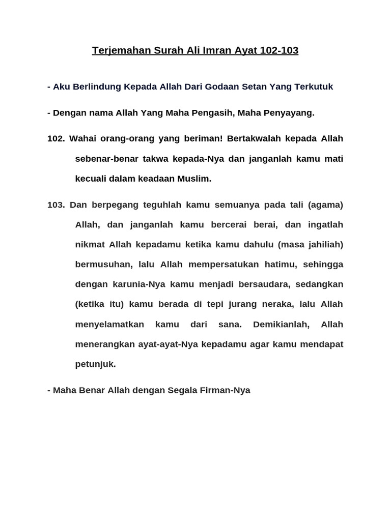 Terjemahan Surah Ali Imran Ayat 102 | PDF