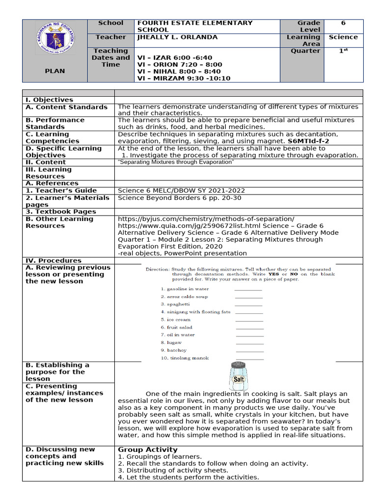 Grade 6 Science: Mixture Separation Lesson | PDF | Evaporation | Water