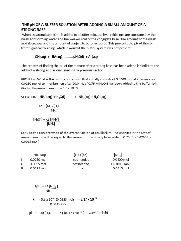 Calculating The PH of A Buffer Solution After Adding A Small Amount of A Strong Base | PDF ...