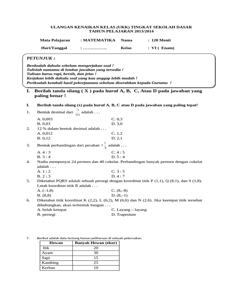 Soal Uas 2 2013 - 2014 - KLS - 6 - MTK | PDF