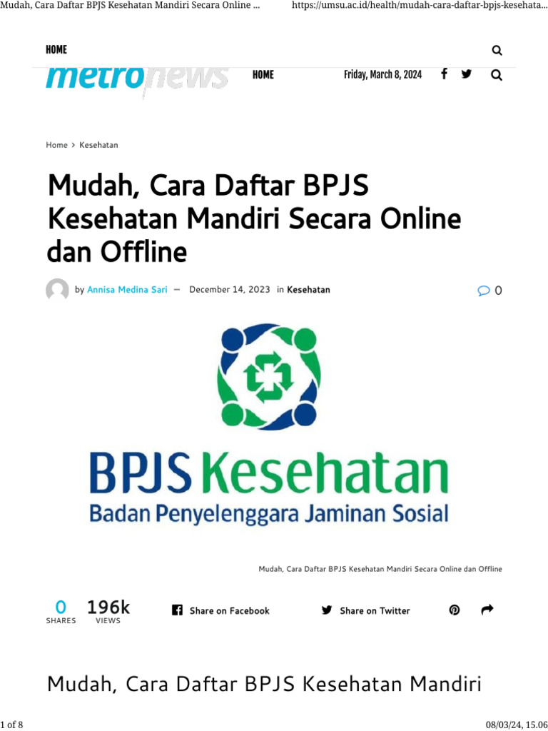 Mudah, Cara Daftar BPJS Kesehatan Mandiri Secara Online Dan Offline | PDF