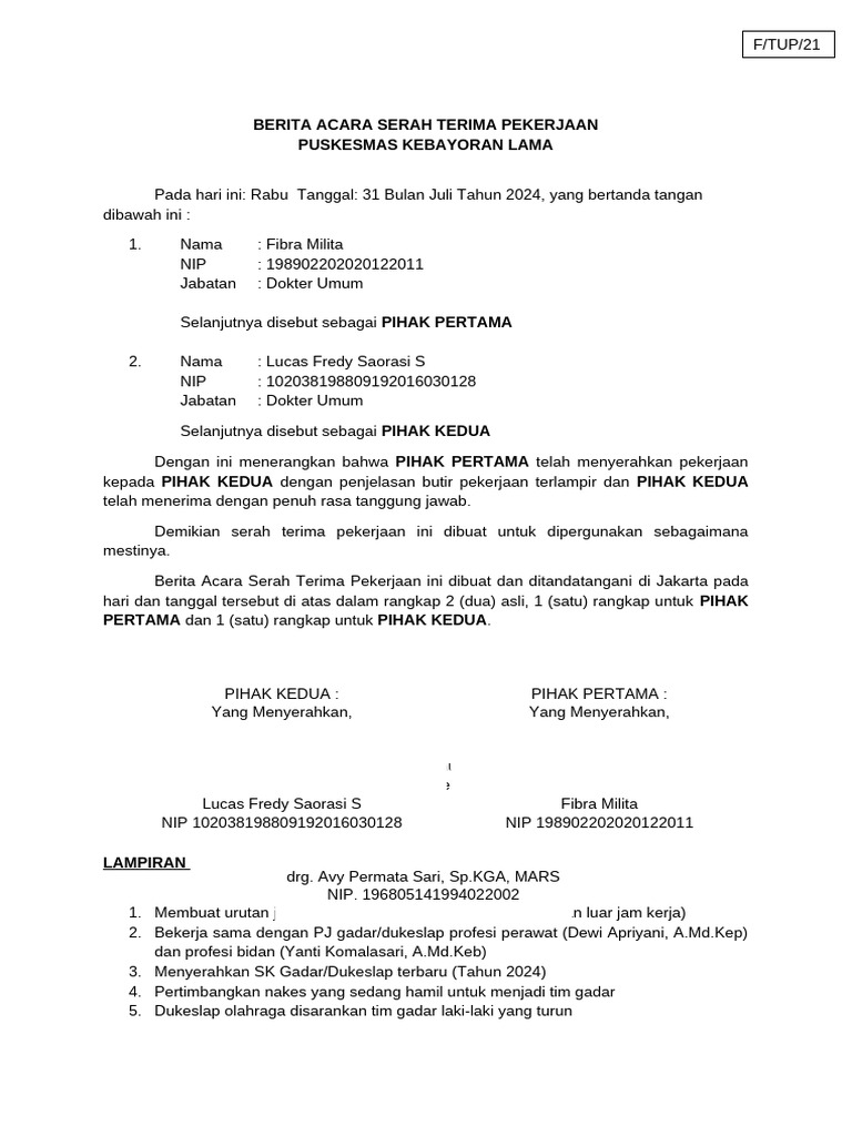 Berita Acara Serah Terima Pekerjaan Gadar (Agustus 2024) | PDF