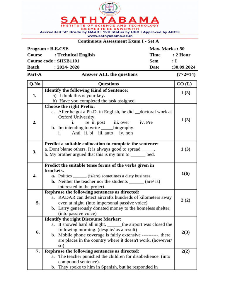 CAE 1 Technical English - CSE | PDF