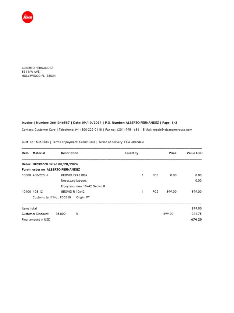 LEICA Repair Invoice 3661346587 | PDF | Business
