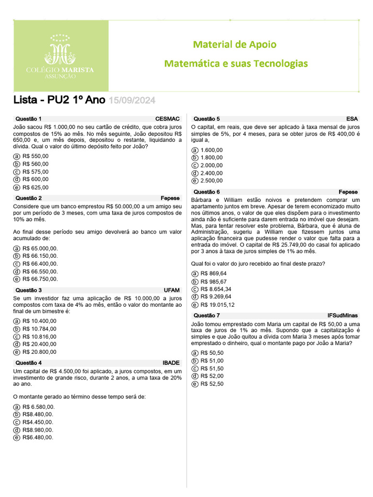 Lista PU2 1º Ano | PDF