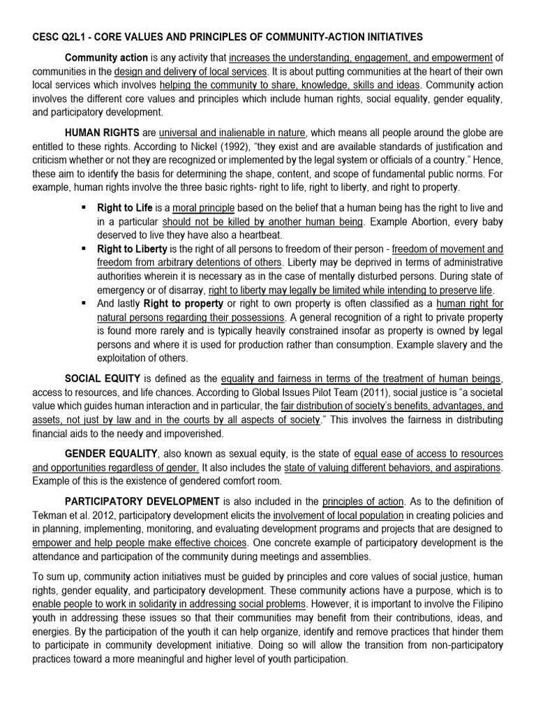 Cesc q2l1 - Core Values and Principles of Community-Action Initiatives | PDF