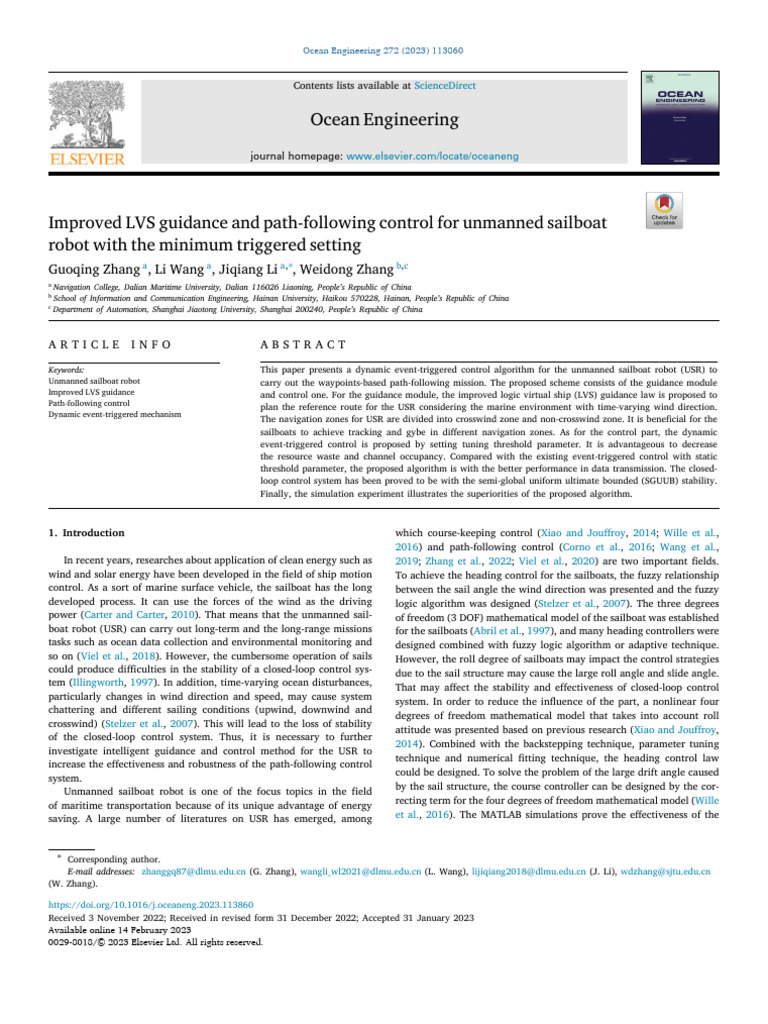 Improved LVS Guidance and Path-Following Control For Unmanned Sailboat ... Improved LVS Guidance and Path-Following Control For Unmanned Sailboat ...