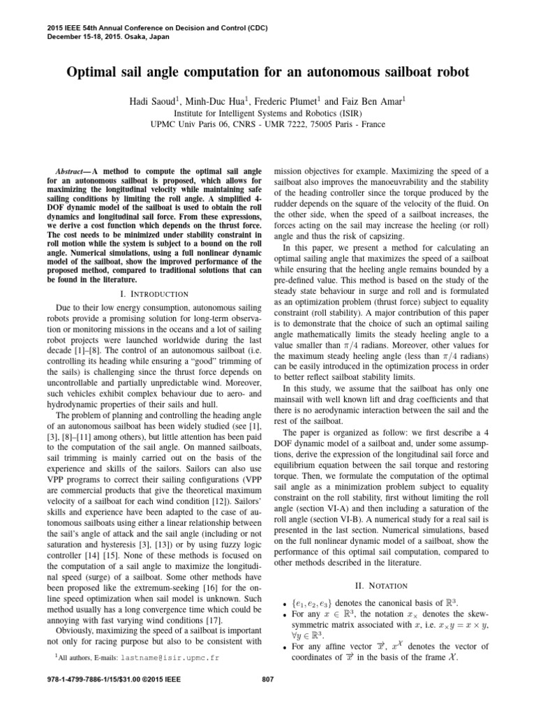 Optimal Sail Angle Computation For An Autonomous Sailboat Robot | PDF