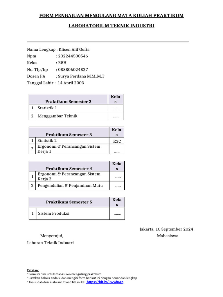 Form Pengajuan Mengulang Mata Kuliah Praktikum | PDF
