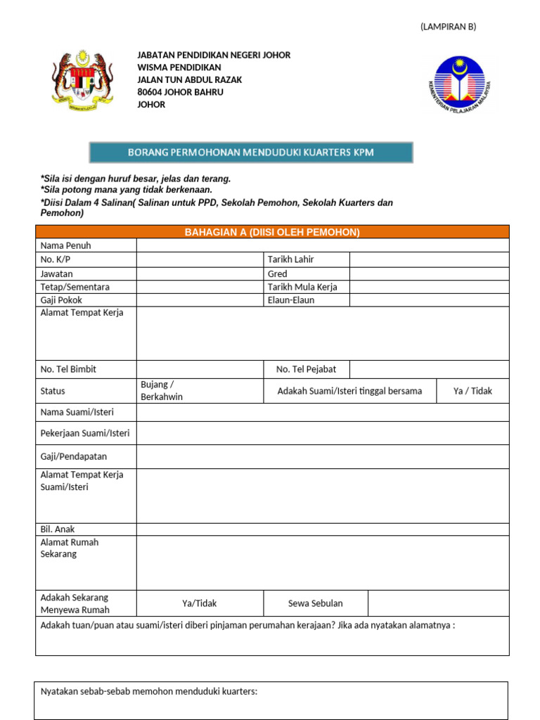 Borang Kuarters JPNJ | PDF