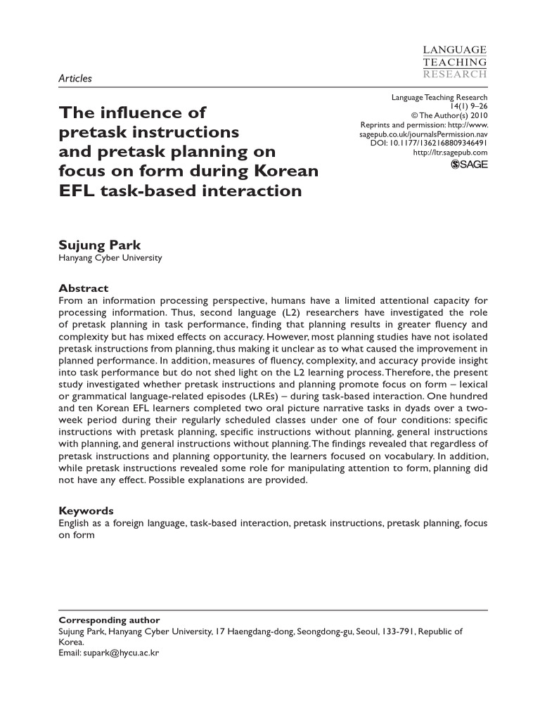 Park 2010 The Influence of Pretask Instructions An - 240329 - 083344 | PDF