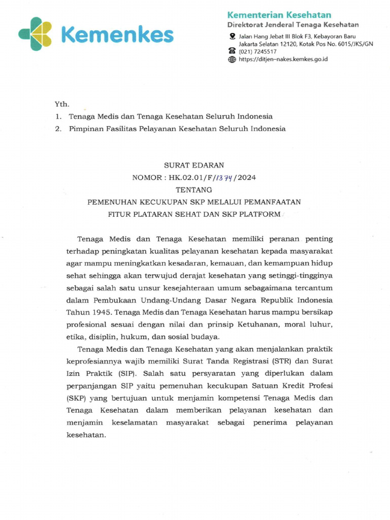 Surat Edaran Pemenuhan Kecukupan SKP Melalui Pemanfaatan Fitur Plataran Sehat Dan SKP Platform ...