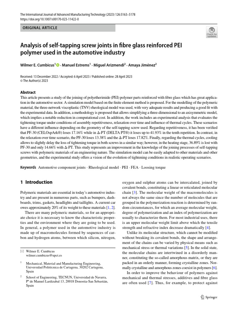 Analysis of Self Tapping Screw Joints in Fibre Glass Reinforced PEI | PDF