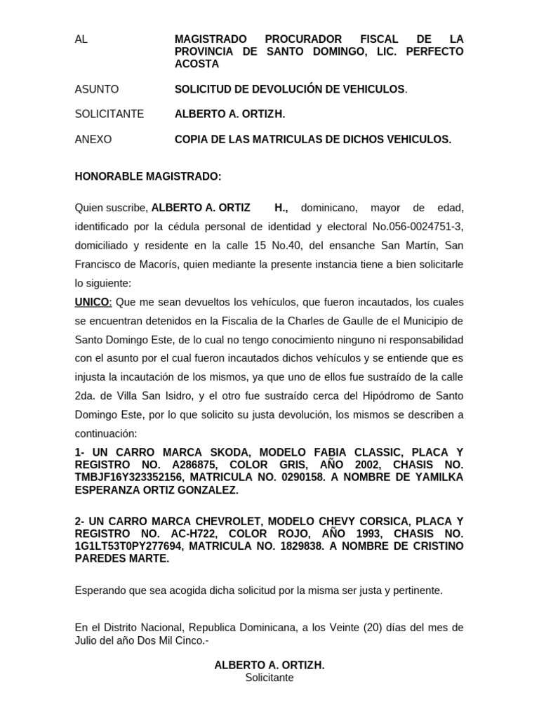 Solicitud de Devolucion de Vehiculo Alberto Ortiz | PDF