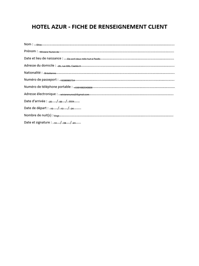 Hotel Azur - Fiche de Renseignement | PDF