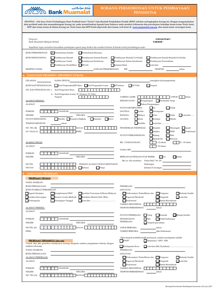 1.borang Permohonan Pembiayaan Konsumer v6.0 JUN21-BM | PDF