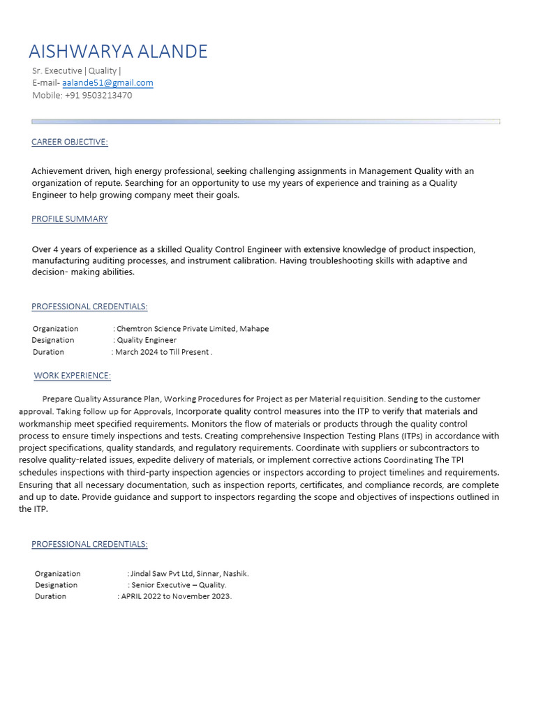 AISHWARYA ALANDE Resume (1) - 1 | PDF