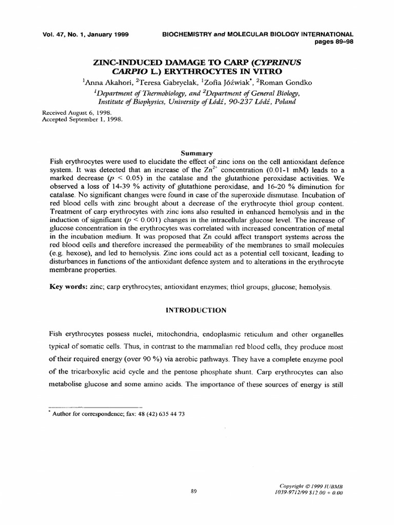 Zinc Induced Damage To Carp | PDF