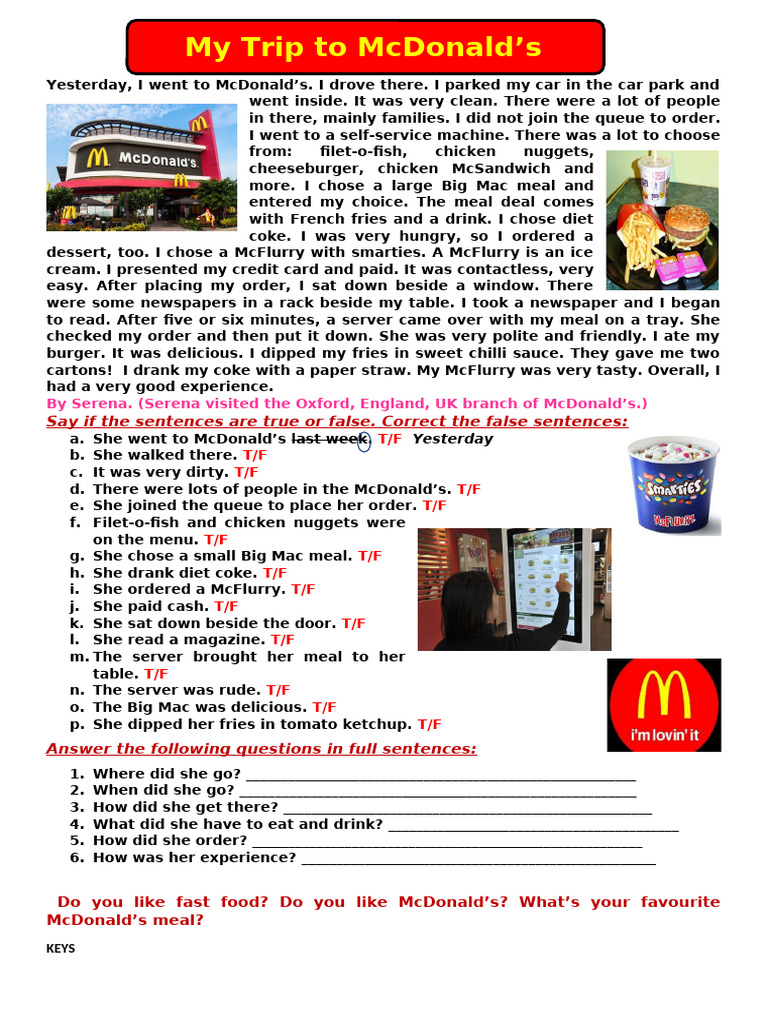 My Trip to McDonald's: A Reading Exercise | PDF | Mc Donald's | Cooking ...
