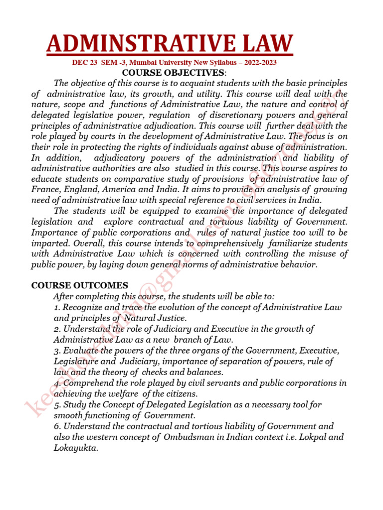 Adminstrative Law Dec23 Module Based New Syllabus | PDF