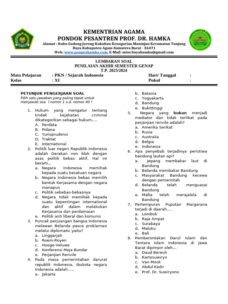 Soal PAS Sejarah Indonesia Kelas XI PP Hamka | PDF