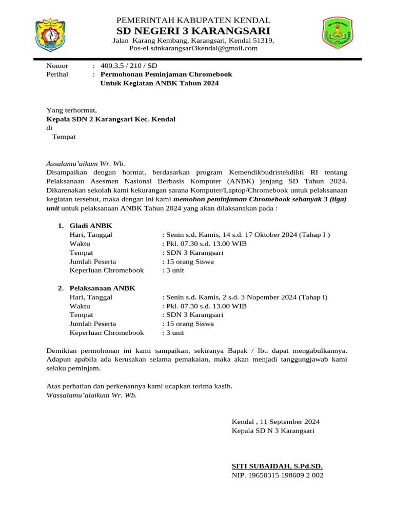 Surat Peminjaman Chromebook 1 | PDF