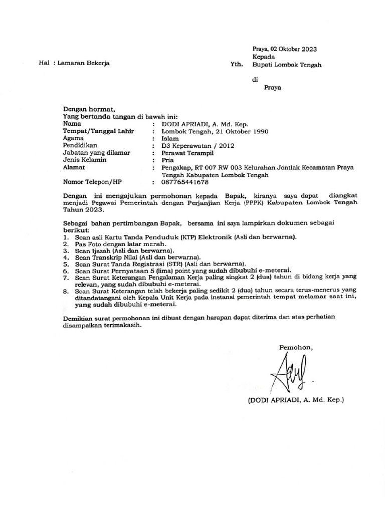 0 Surat Lamaran Dodi | PDF