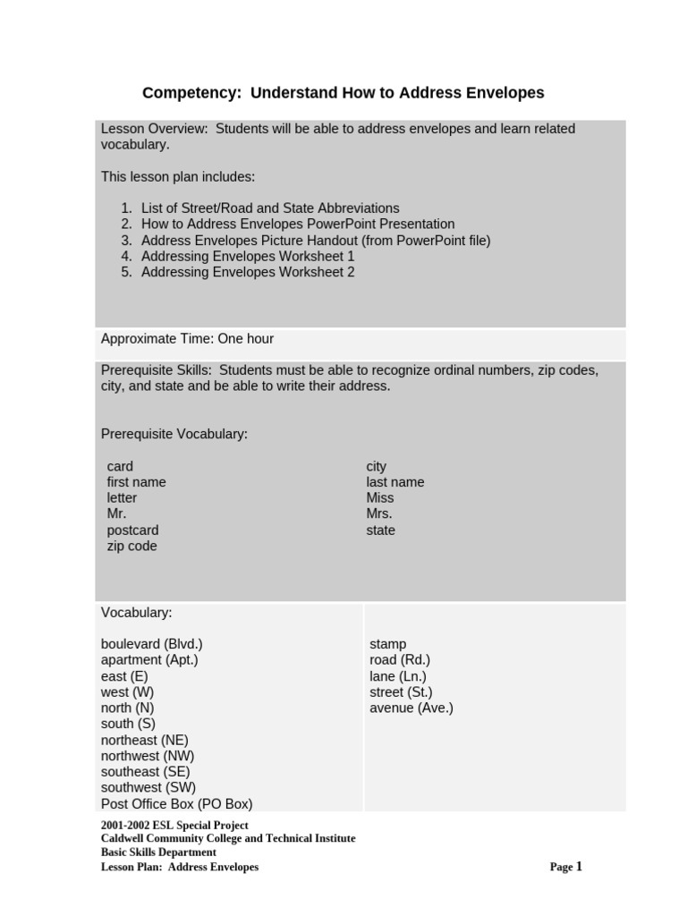 Addressing Envelopes Lesson Plan - WAW - Day 2 | PDF
