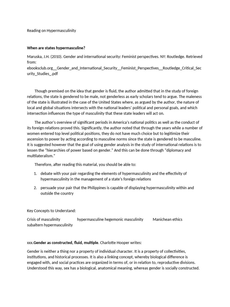 Reading On Hypermasculinity | PDF | Masculinity | Politics