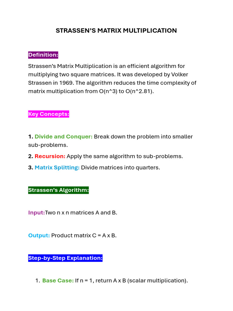 Strassen's Matrix Multiplication | PDF