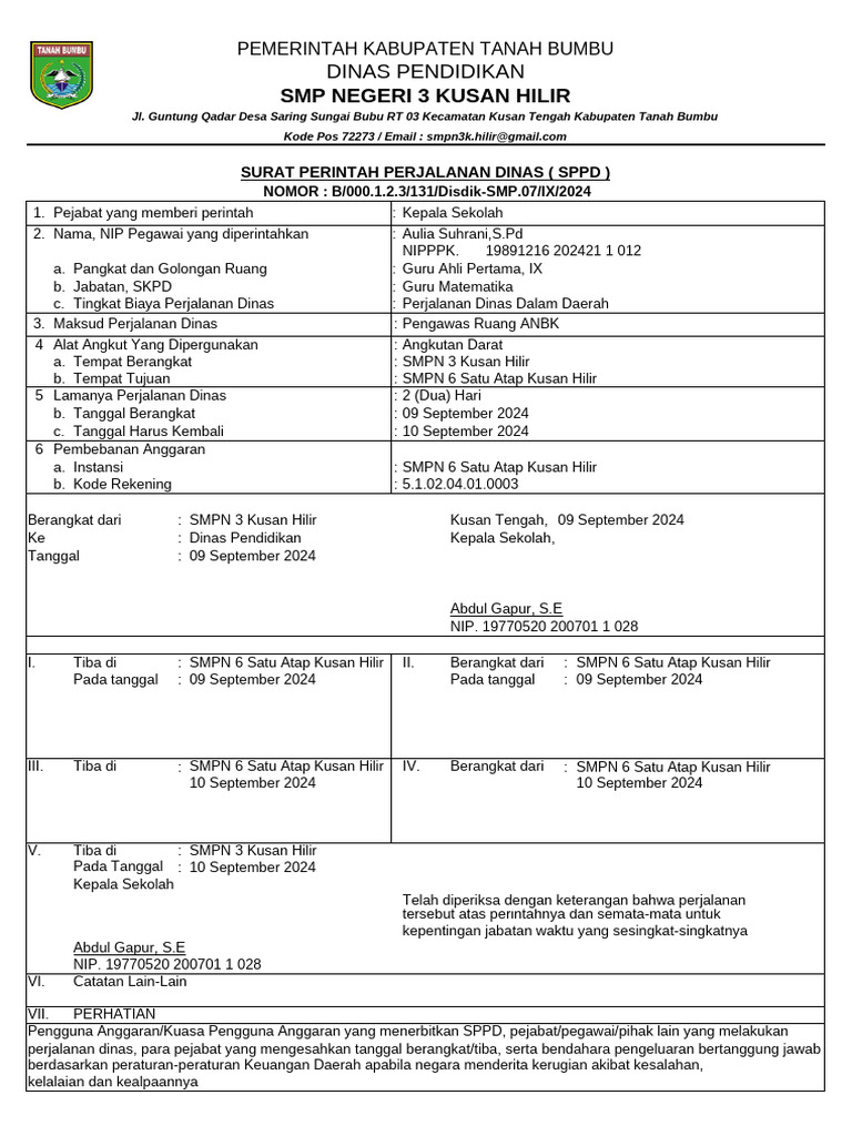 Format SPPD Aulia Suhrani, S.PD A4 | PDF