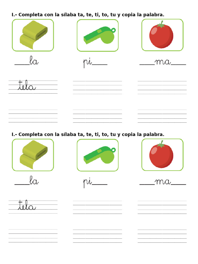 I.-Completa Con La Sílaba Ta, Te, Ti, To, Tu y Copia La Palabra | PDF