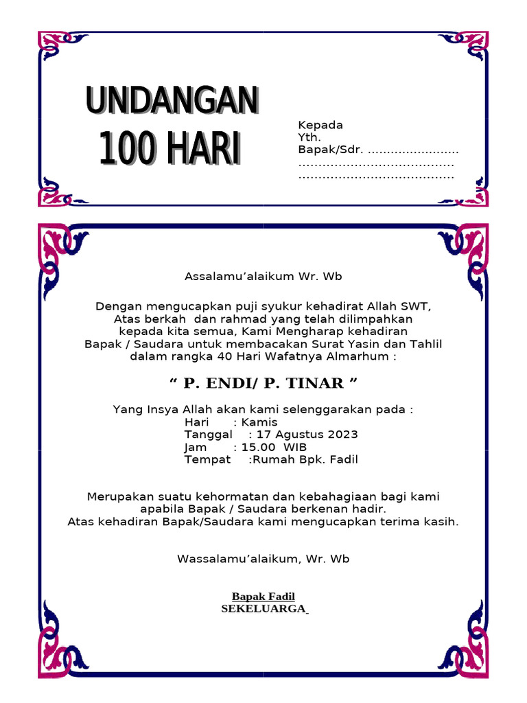Undangan Tahlil 100 Hari Endi | PDF