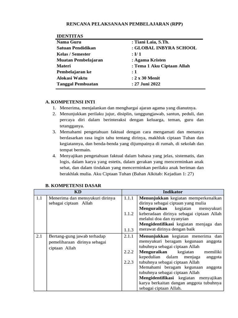 RPP Kelas 1 Pak KD 1 Dan 2 | PDF