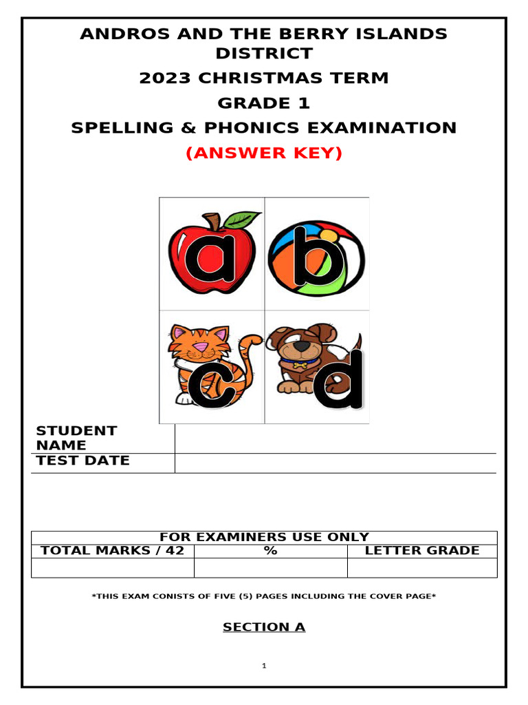 Andros and The Berry Islands District Grade 1 Spelling Phonics Exam ...