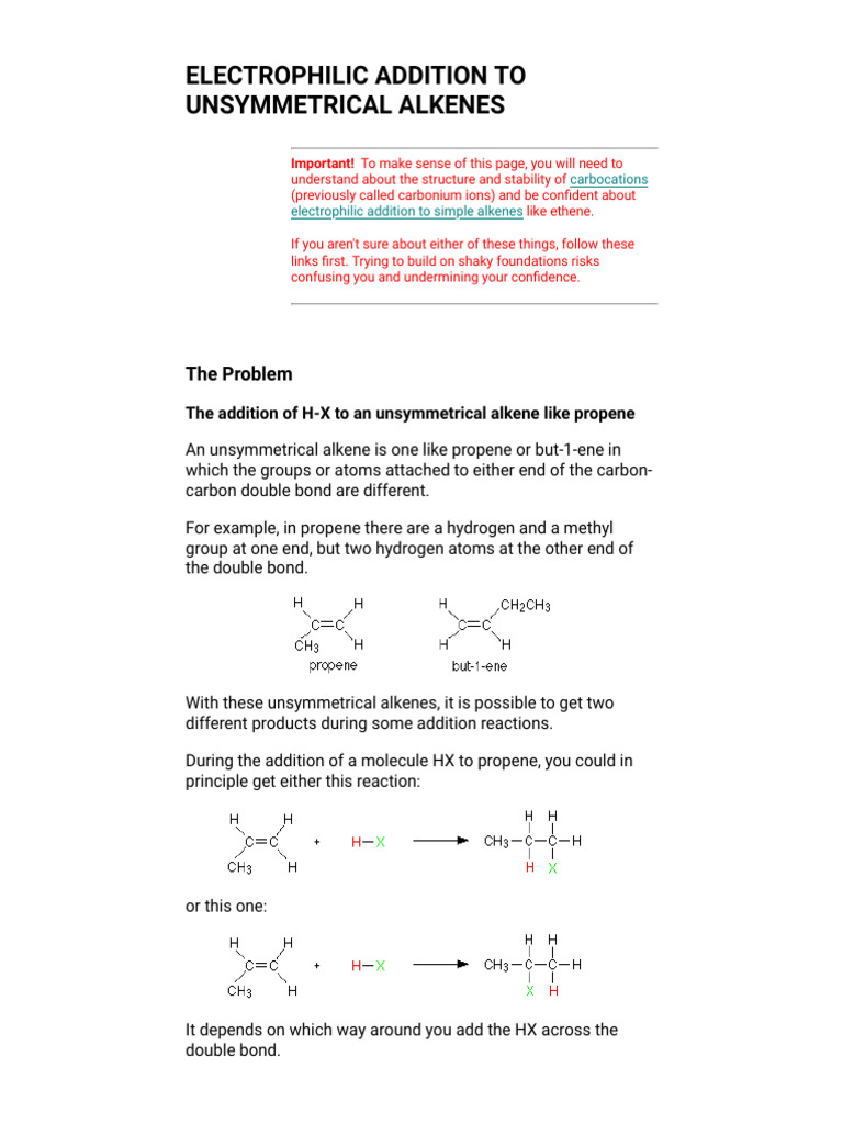 Electrophilic Addition To Unsymmetrical Alkenes | PDF