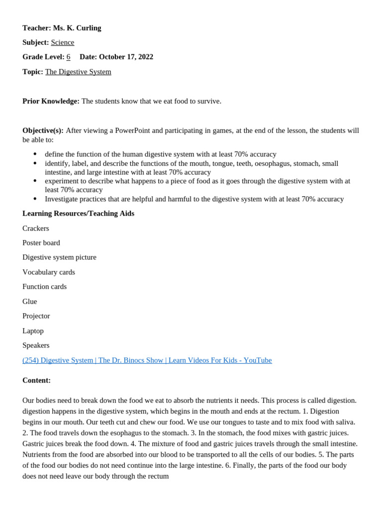 Digestive System Lesson Plan | PDF