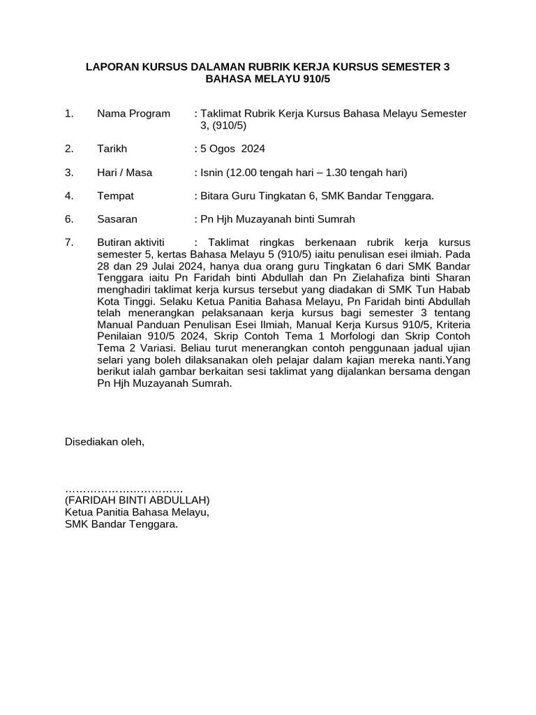 Laporan Kursus Dalaman KK Semester 3 BM | PDF