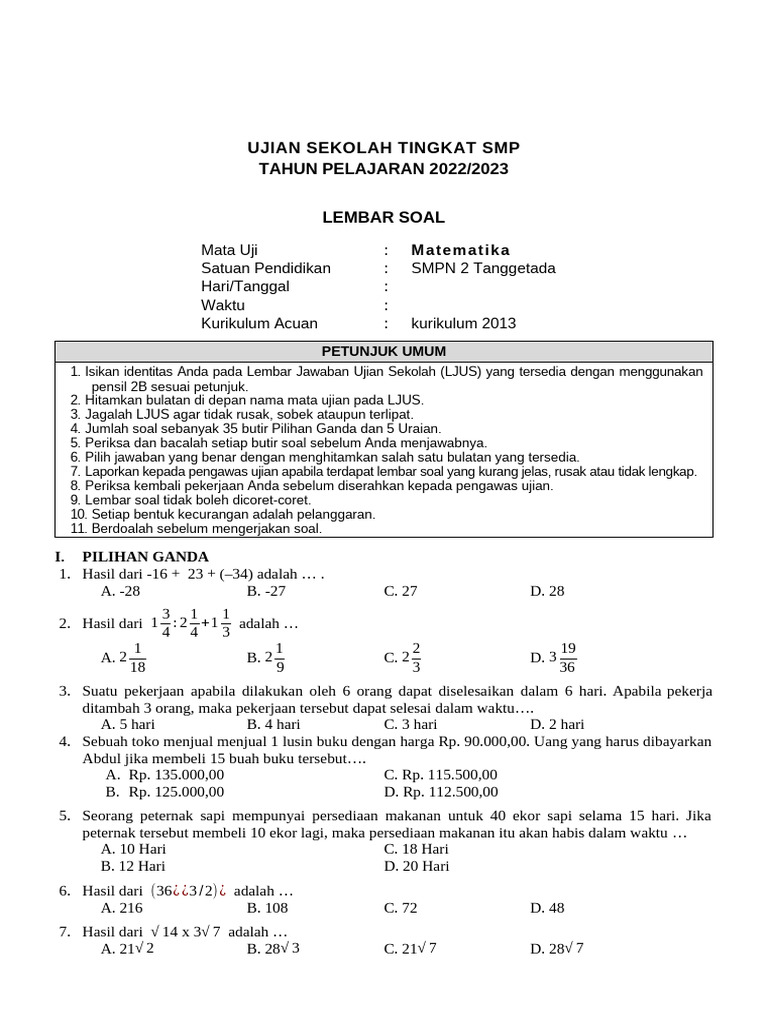 Soal US MTK SMP k13 fIX | PDF