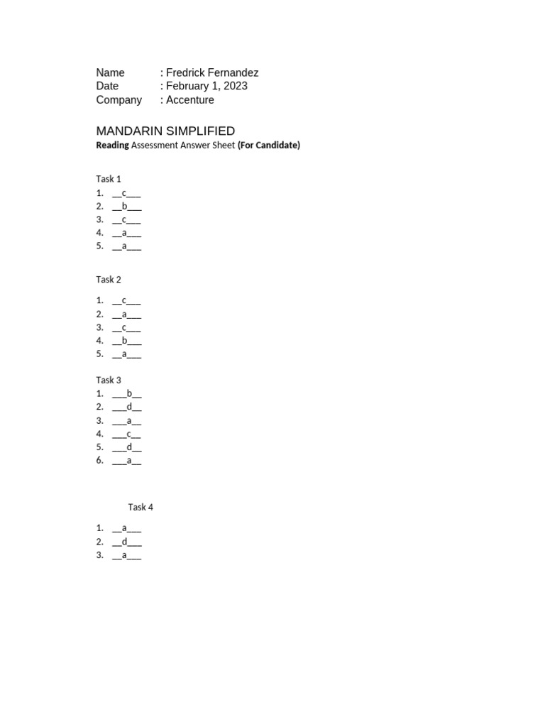 Mandarin Reading Answer Sheet - Fredrick | PDF