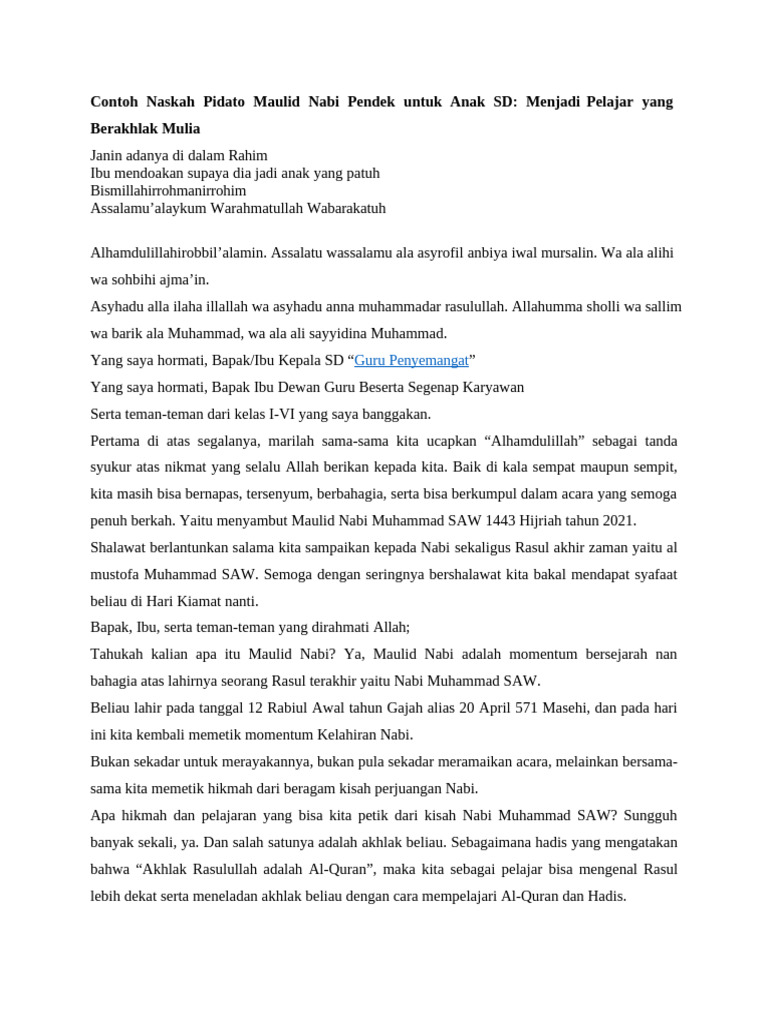 Contoh Naskah Pidato Maulid Nabi Pendek Untuk Anak SD | PDF