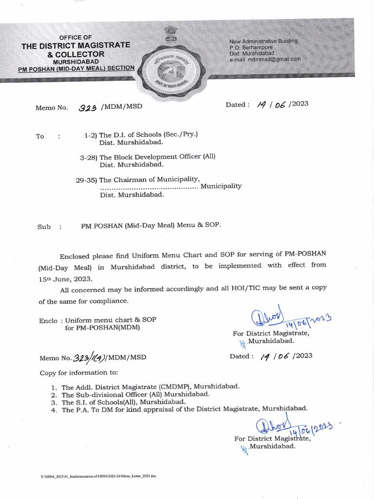 Latest Menu Chart Murshidabad MDM | PDF