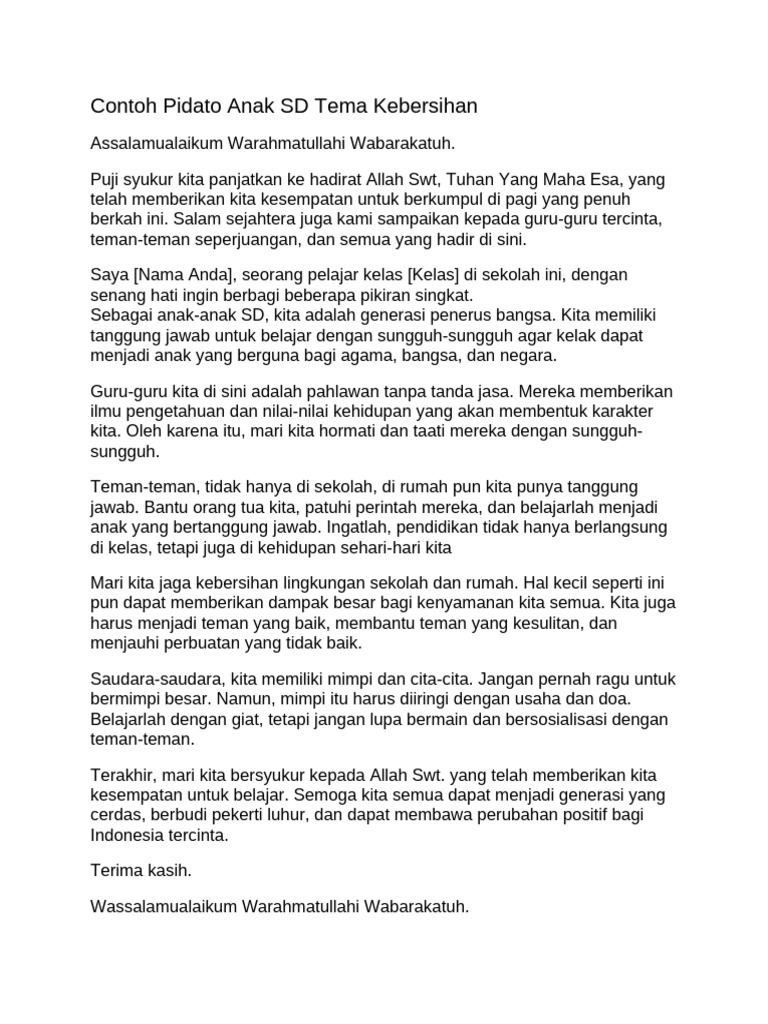 Contoh Pidato Anak SD Tema Kebersihan | PDF