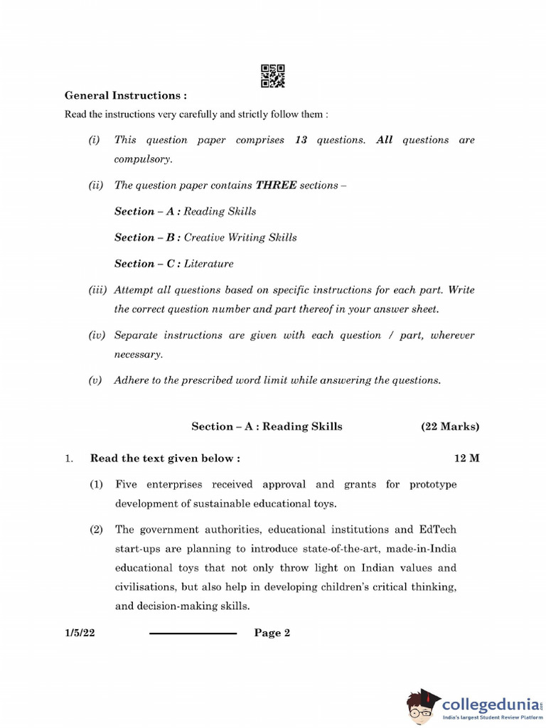 CBSE Class 12 English Question Paper 2024 Set 2 1 5 2 Removed | PDF